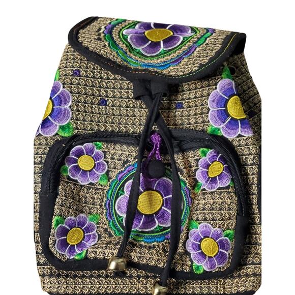 Bags | Boho Mini Backpack Purse Tan With Purple Flowers Cute Boho ...